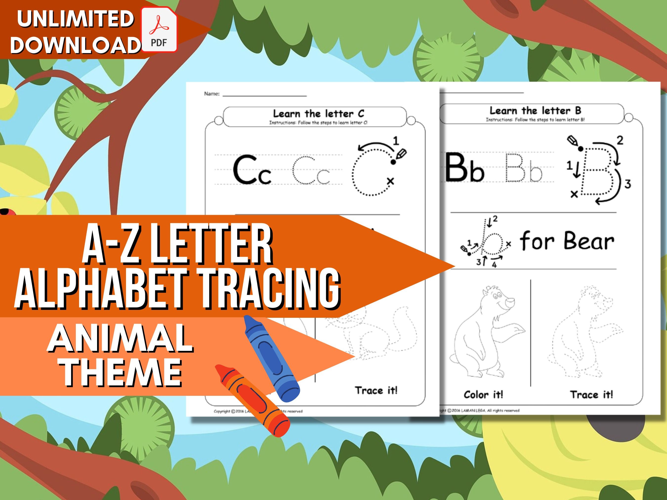 A Z ALPHABET TRACING Animal Theme 26 PDF Printable Pages Alphabet ...