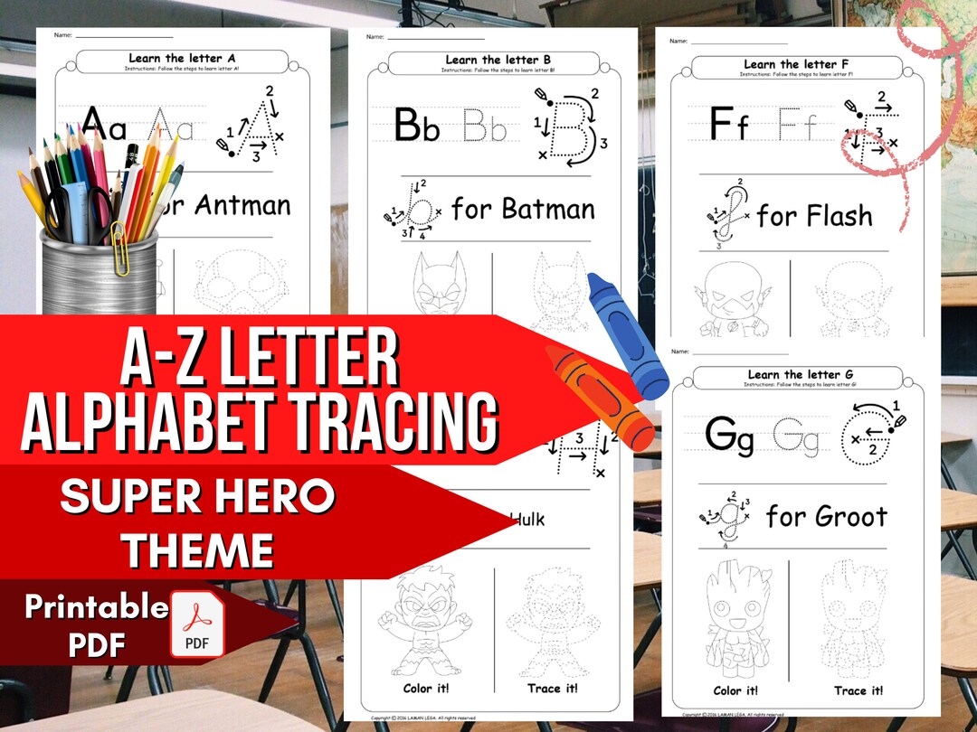 A - Z ALPHABET TRACING Super Hero Theme• 26 PDF Printable Pages ...