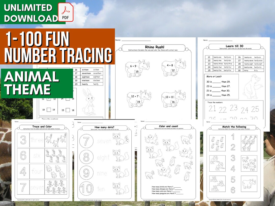 1-100 Number Tracing and Coloring Zoo Animal Theme • 20 PDF Printable ...