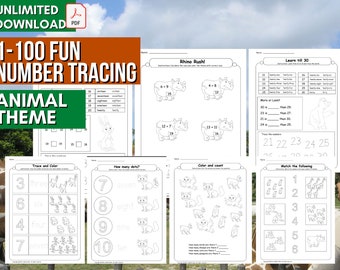 1-100 Number Tracing and Coloring Mix Theme • 20 PDF Printable Pages ...