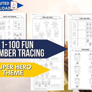 1-100 Number Tracing and Coloring Super Hero Theme • 20 PDF Printable ...