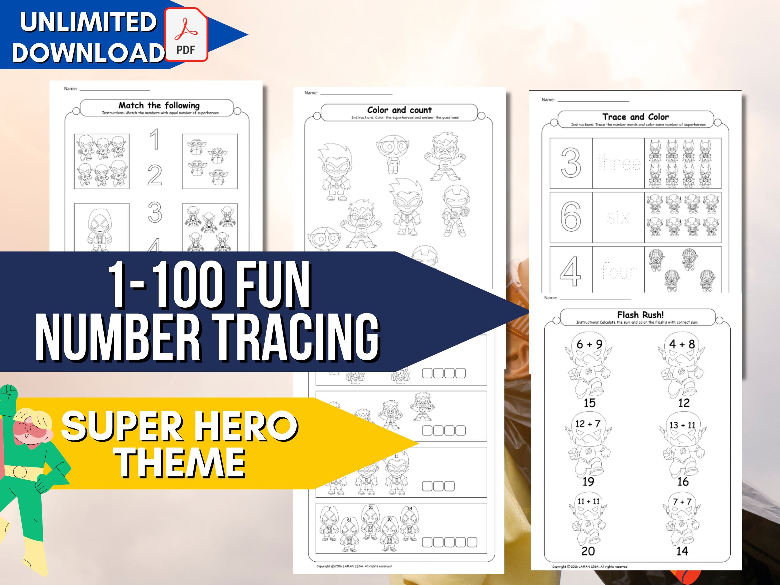 1-100 Number Tracing and Coloring Super Hero Theme • 20 PDF Printable ...