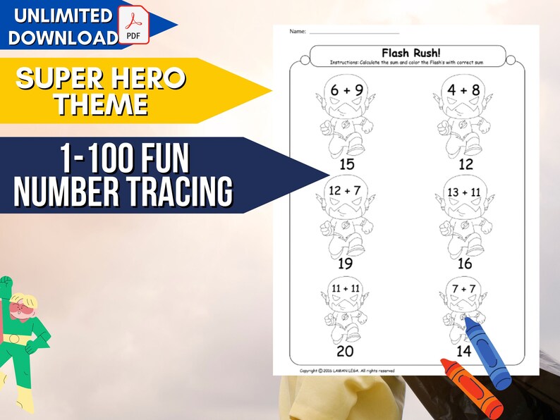 1-100 Number Tracing and Coloring Super Hero Theme • 20 PDF Printable ...