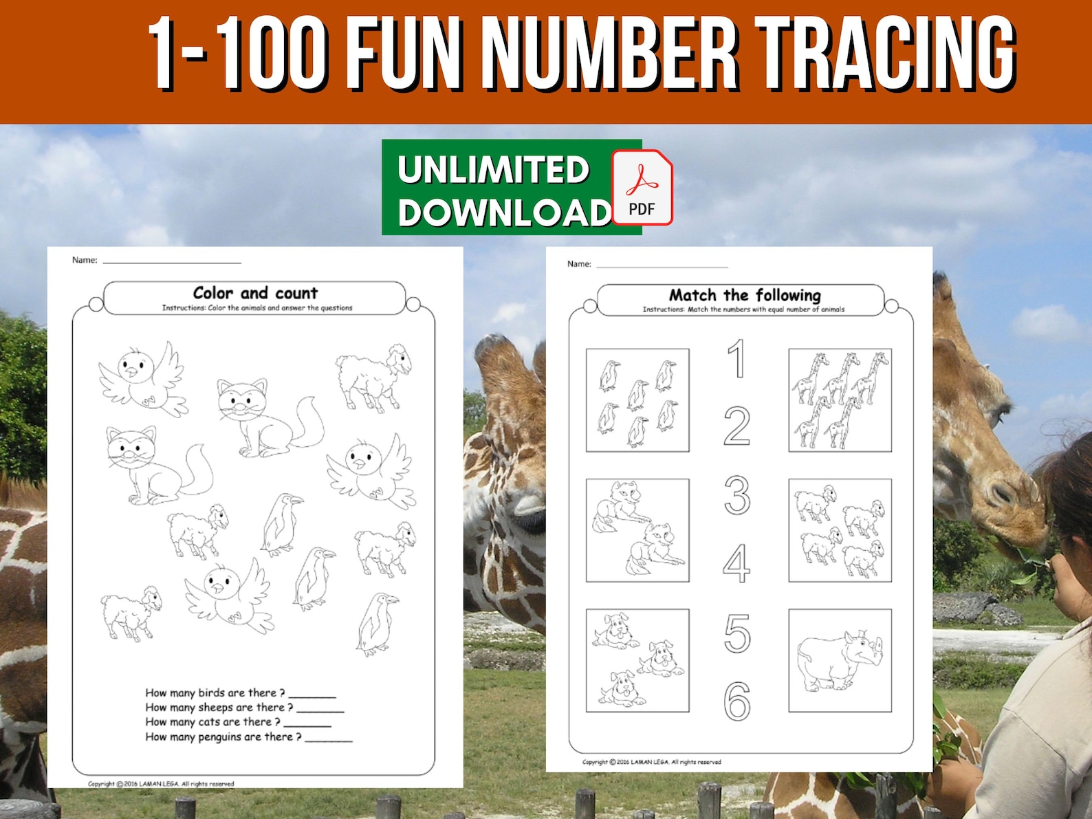 1-100 Number Tracing and Coloring Zoo Animal Theme • 20 PDF Printable ...