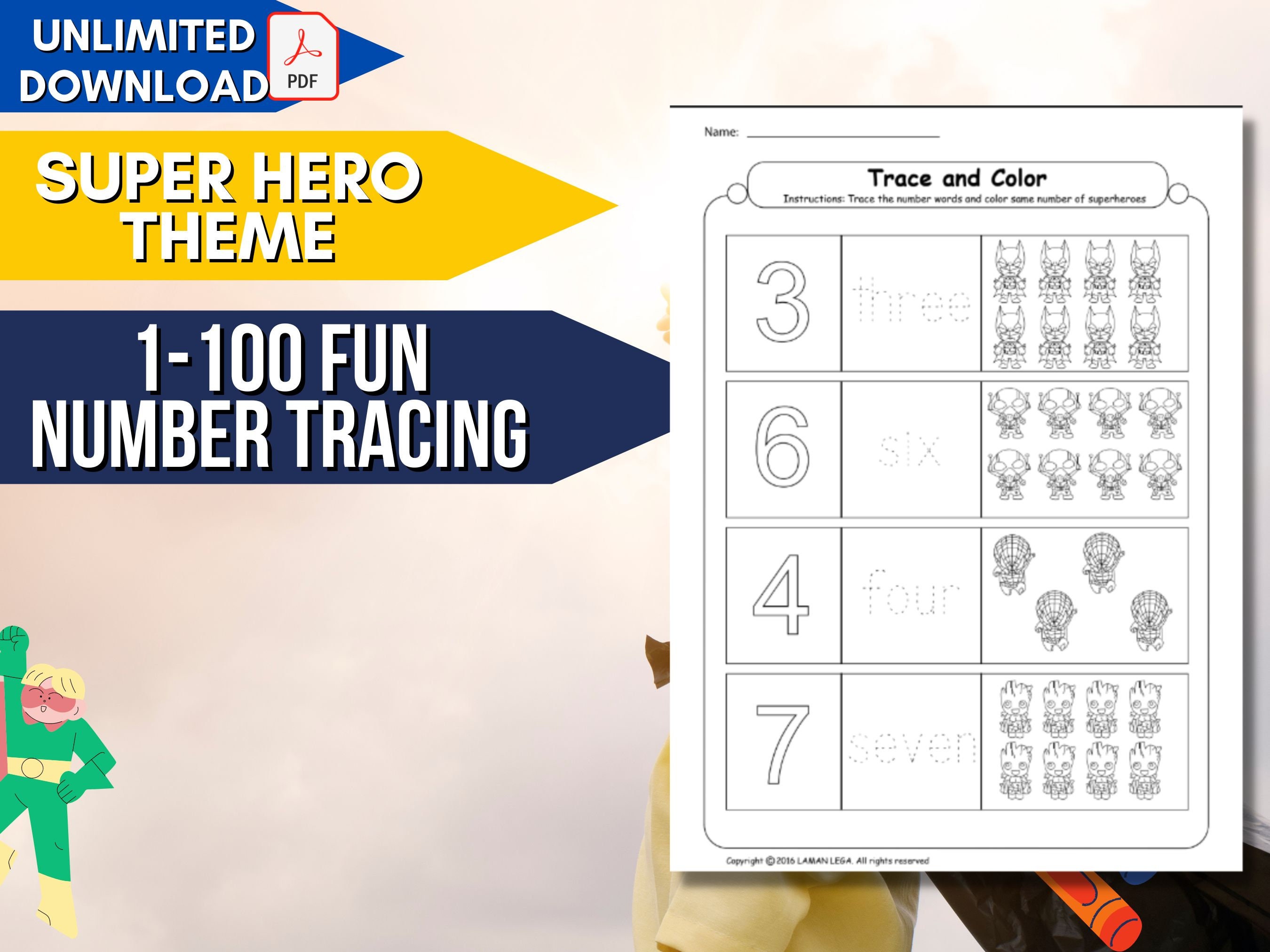 1-100 Number Tracing and Coloring Super Hero Theme • 20 PDF Printable ...