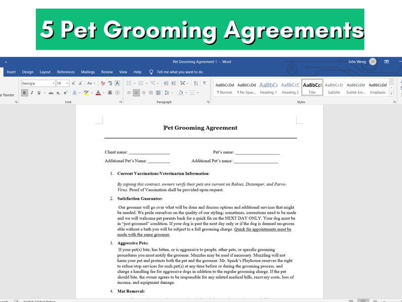 5 Pet Grooming Agreement & Terms of Service Pet Client Grooming ...