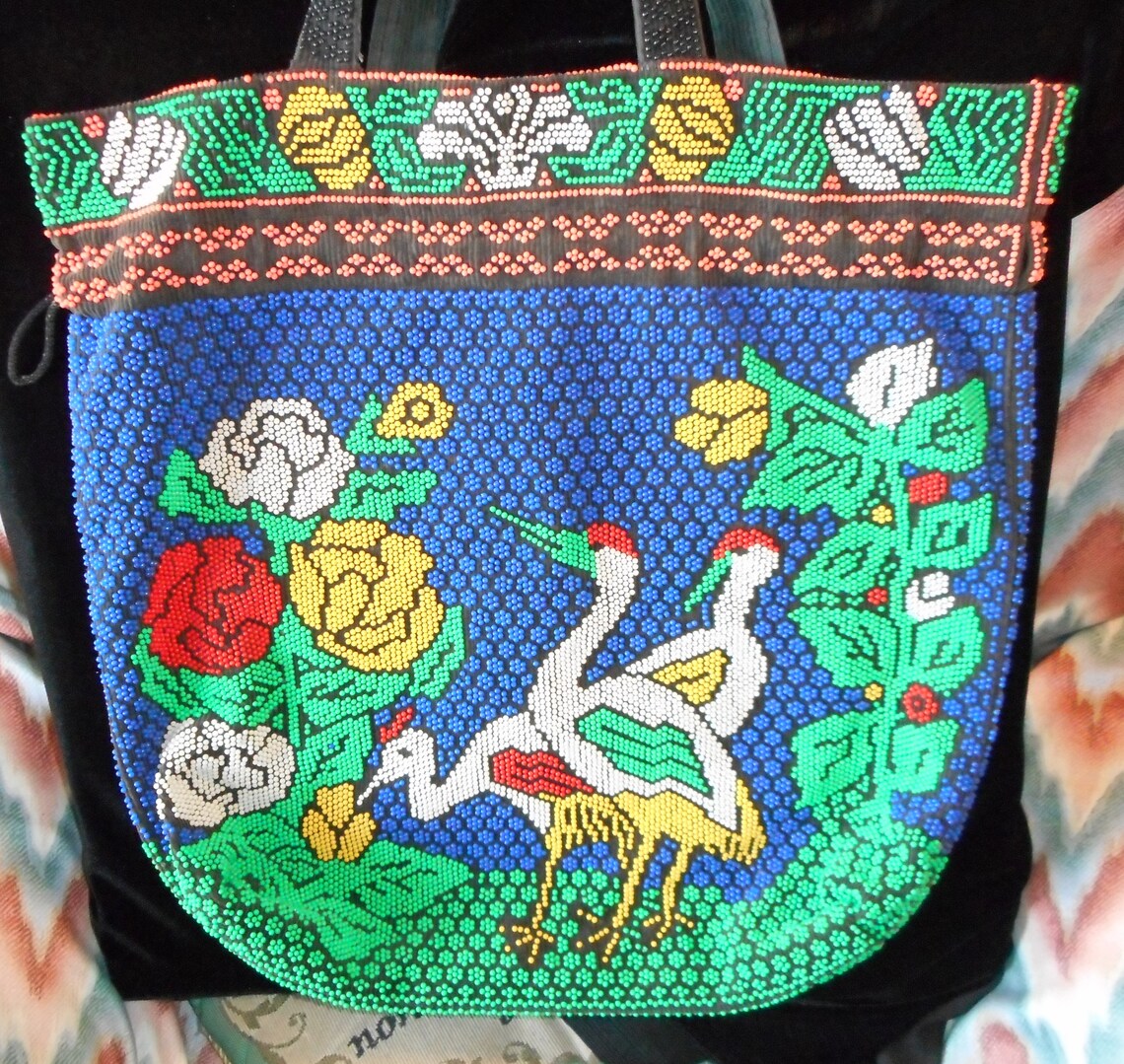 Fully Beaded Drawstring Bag With Cranes - Etsy