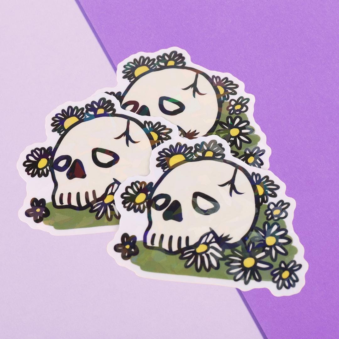 Daisy Skull Sticker: Holographic Waterproof Vinyl, Pastel Goth Floral ...