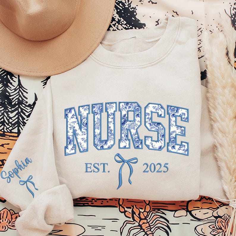 Personalized Floral Aplique Embroidered Nurse Sweatshirt, Custom Nurse ...