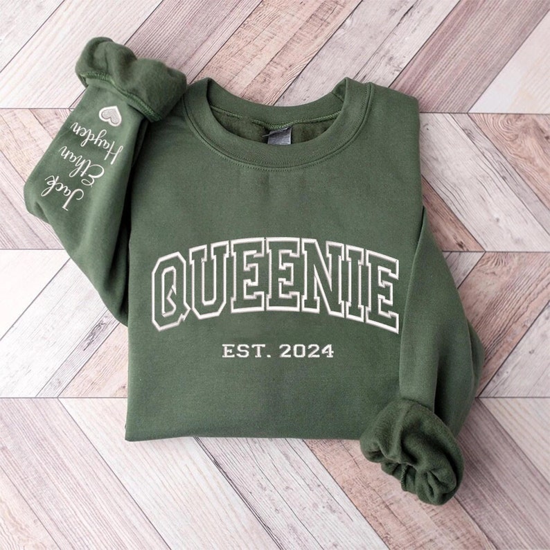 Embroidered Queenie EST Date Sweatshirt With Kidnames on Sleeve ...