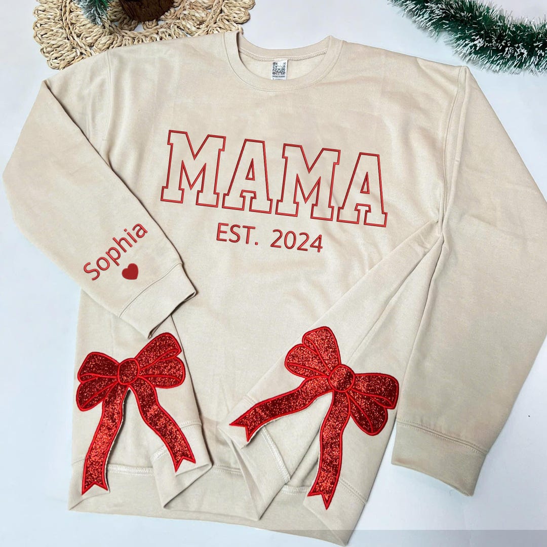 Custom Mama Bow Embroidered Sweatshirt | Trendy Side Slit Bow ...