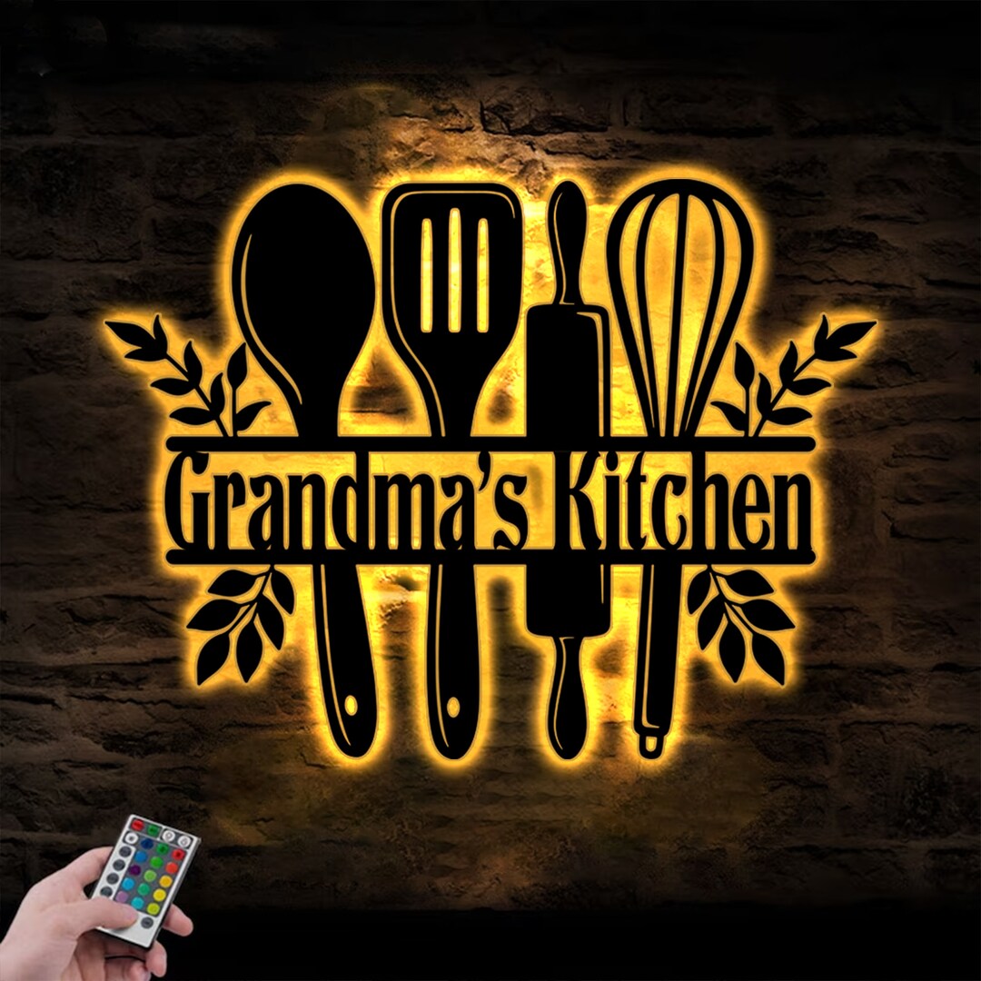 Custom Kitchen Metal Sign With Led Lights, Personalized Kitchen Wall ...