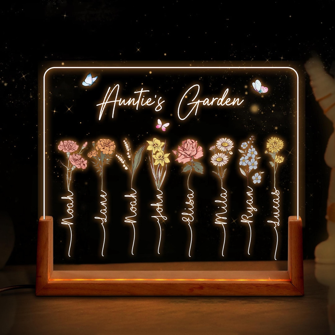 Custom Auntie’s Garden Acrylic LED Night Light, Custom Birthflower ...