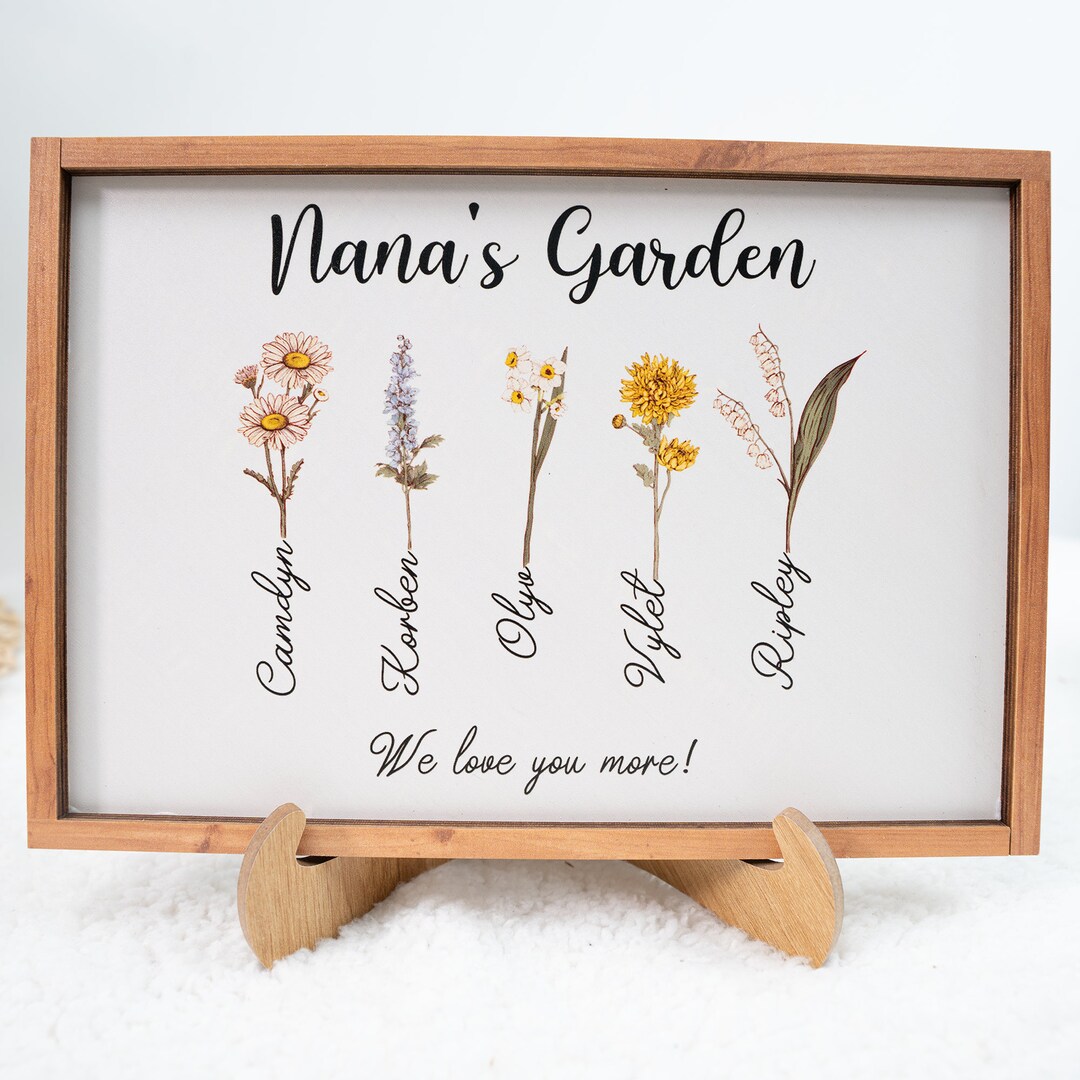 Birth Month Flower Nana Garden Wooden Sign, Nana With Kid Name Wooden ...