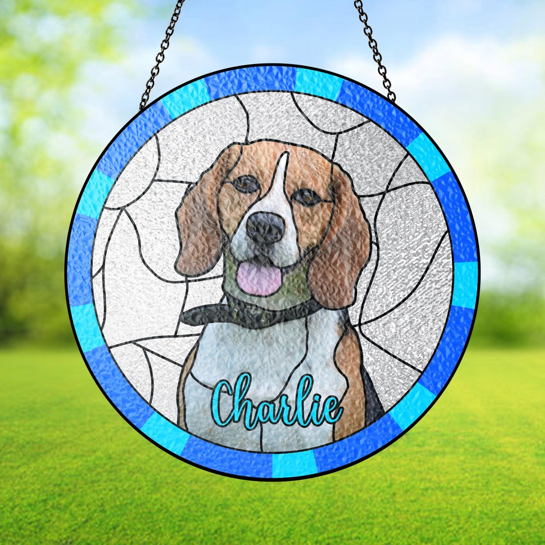 Custom Beagle Suncatcher Stained Glass, Pet Portrait Glass Suncatcher ...