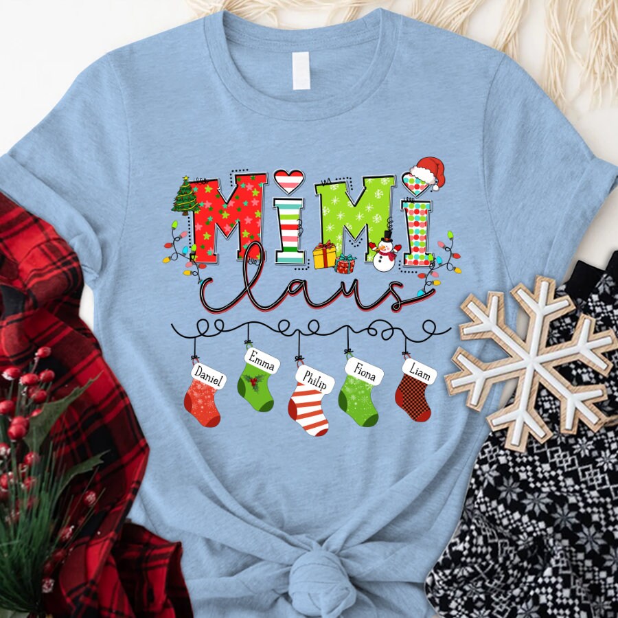 Custom Christmas Mimi Claus Stocking Kids Shirt, 2022 Christmas Grandma ...