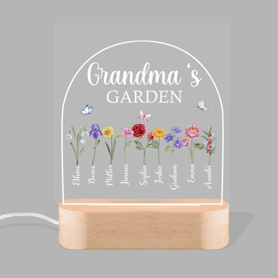 Custom Grandmas Garden 3D Led Light Wooden Base, Grandma With Grandkids ...