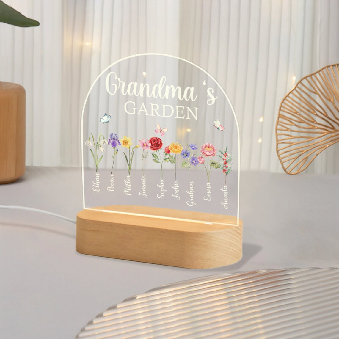 Custom Grandmas Garden 3D Led Light Wooden Base, Grandma With Grandkids ...