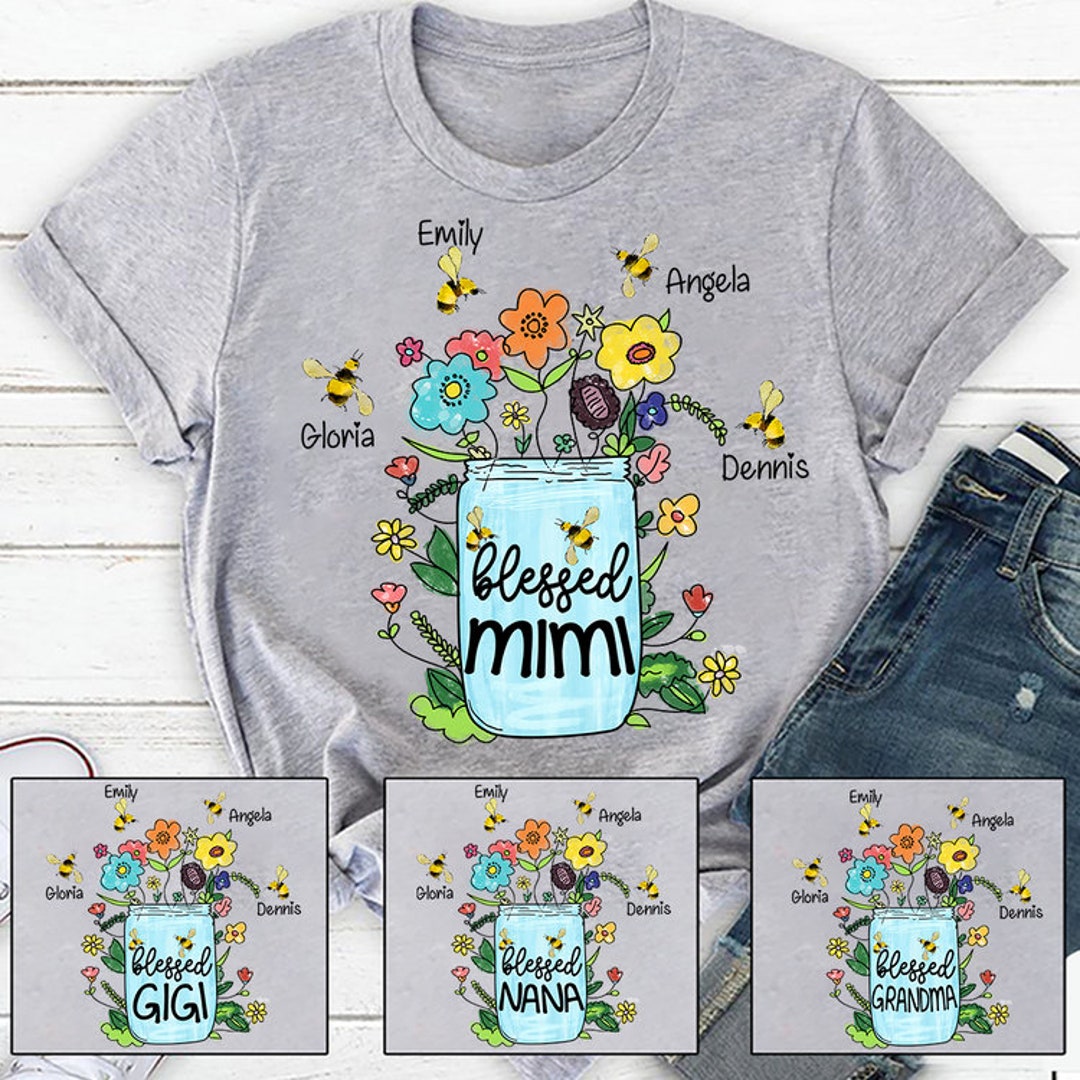 Personalized Blessed Mimi Shirt, Custom Mimi Floral Bee With Kidnames ...