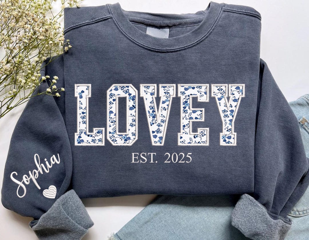 Custom Embroidered Lovey Sweatshirt – Floral Appliqué Lovey Crewneck ...