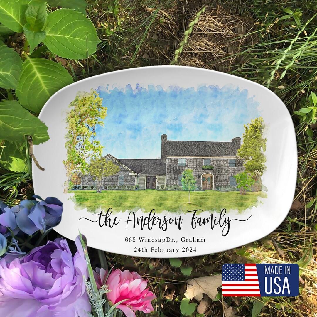 USA Personalized House Portrait Platter, Watercolor Effect House ...