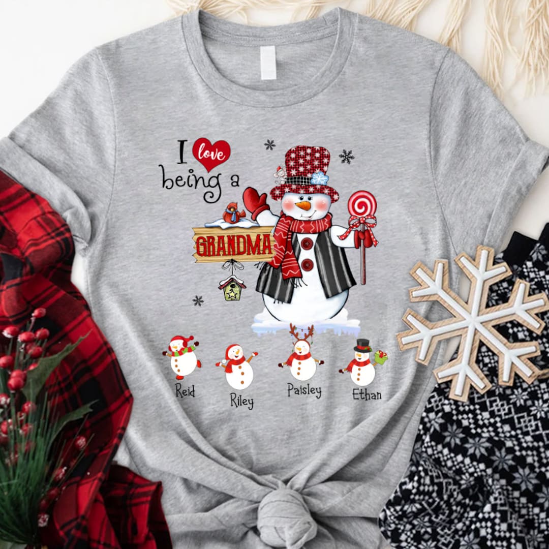 Personalized I Love Being Grandma Christmas Shirt, Xmas Little Snowmen Nana Shirt Custom Name ...