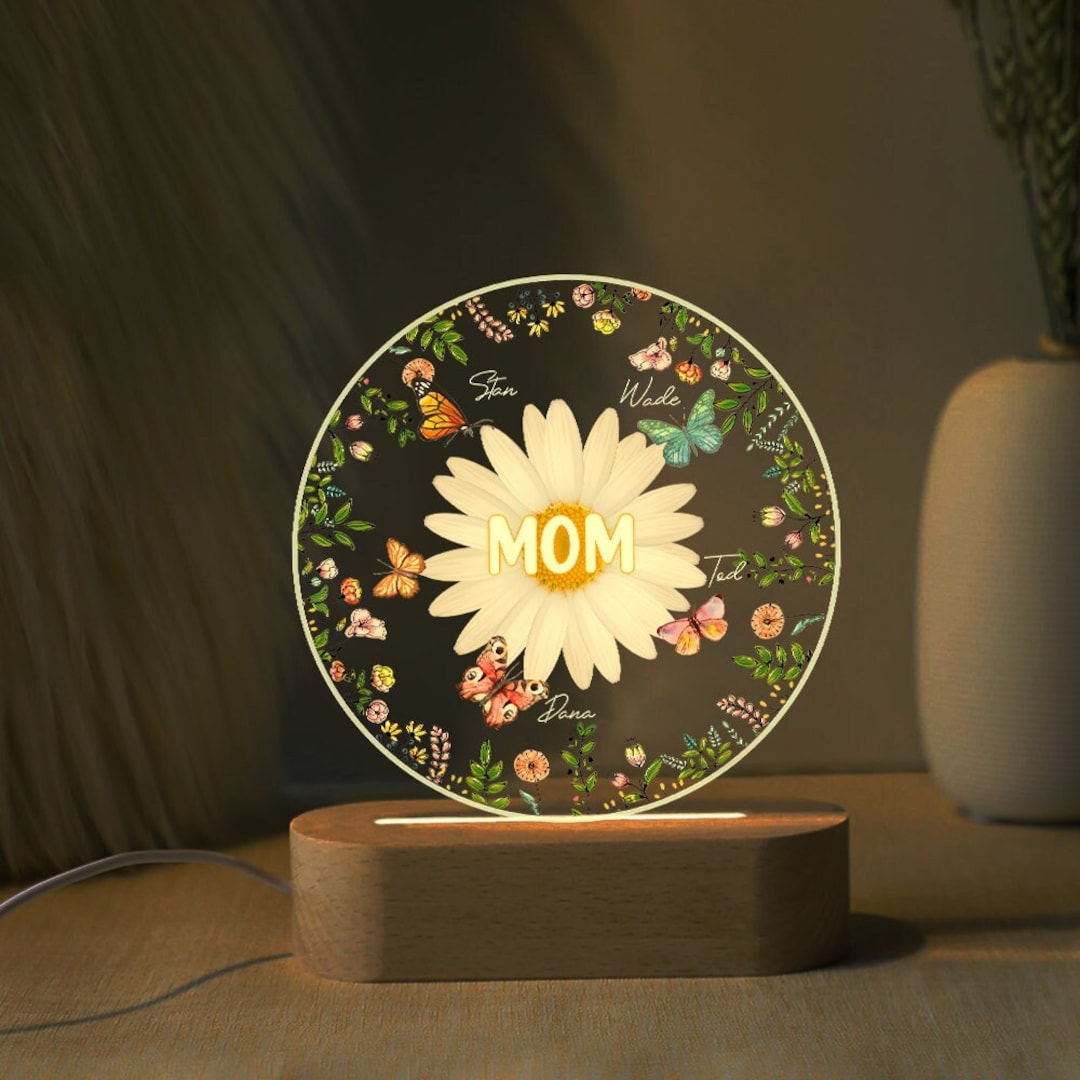 Personalized Floral Mom 3D Led Light Wooden Base With Grandkids Name ...