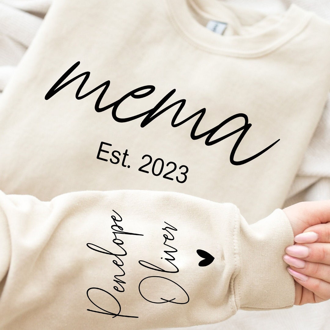 Custom Mema Sweatshirt With Date and Grandkids on Sleeve, Mema Sweatshirt, Minimalist Nonna ...