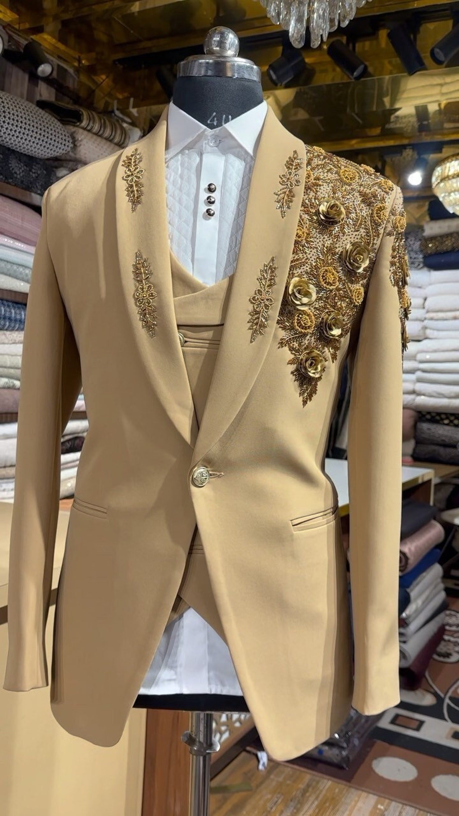 Beige Designer Hand Embroidered Tuxedo, Traditional Groom Black ...