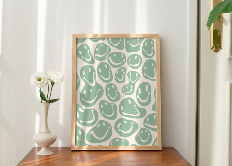 Sage Green Melted Smiley Face Print Funky Wall Art Happy - Etsy