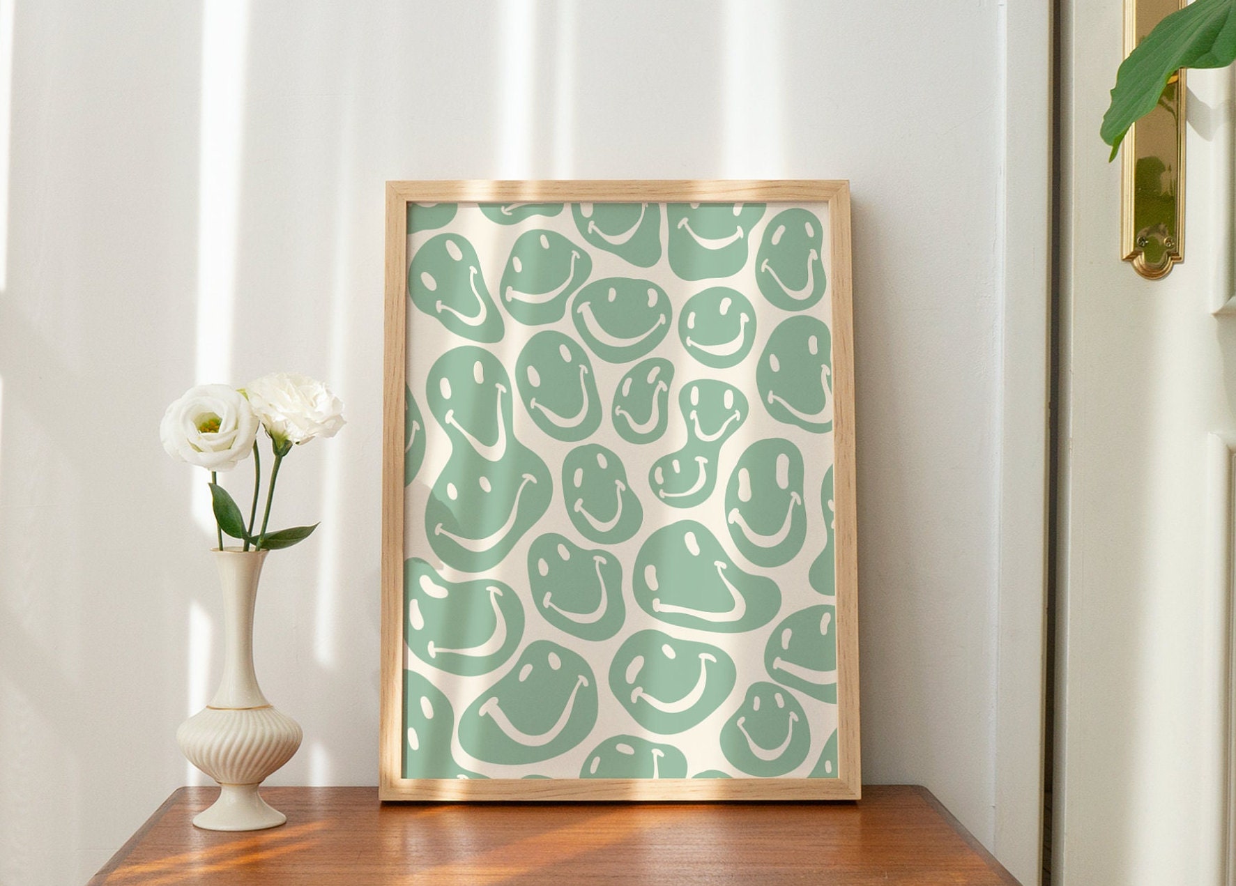 Sage Green Melted Smiley Face Print, Funky Wall Art, Happy Face Print ...
