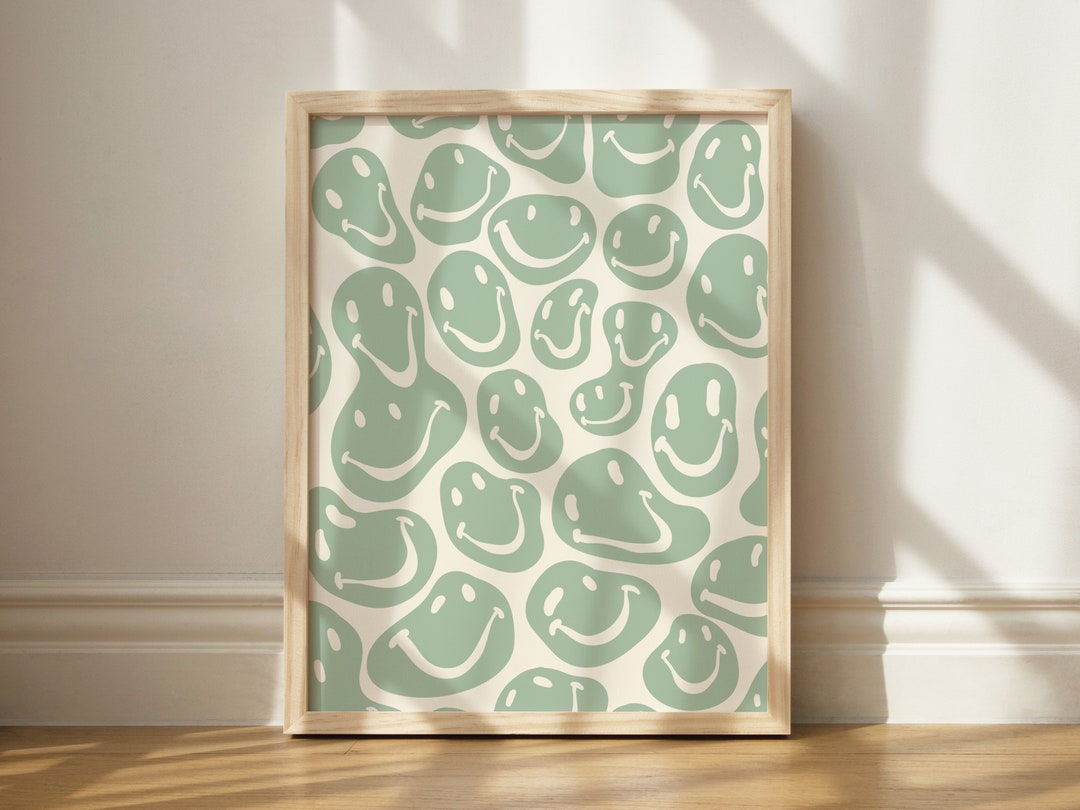 Sage Green Melted Smiley Face Print, Funky Wall Art, Happy Face Print ...