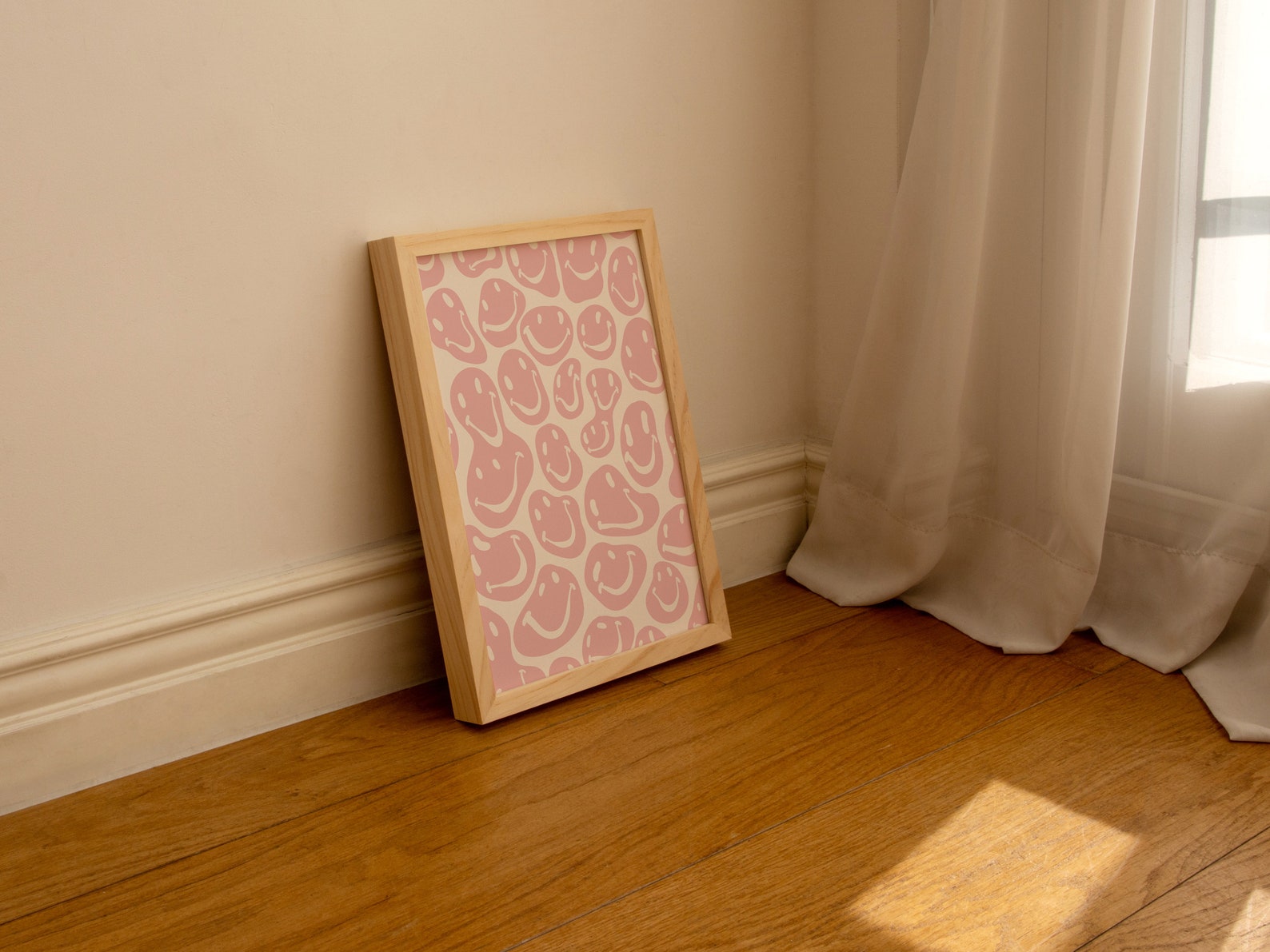 Melted Smiley Print, Baby Pink Melted Face Art, Smiley Face Print ...
