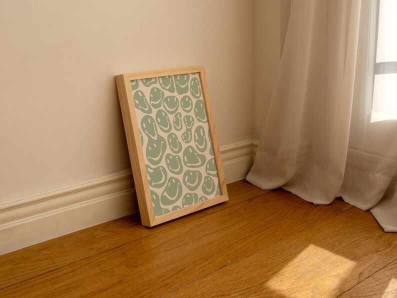 Sage Green Melted Smiley Face Print, Funky Wall Art, Happy Face Print ...