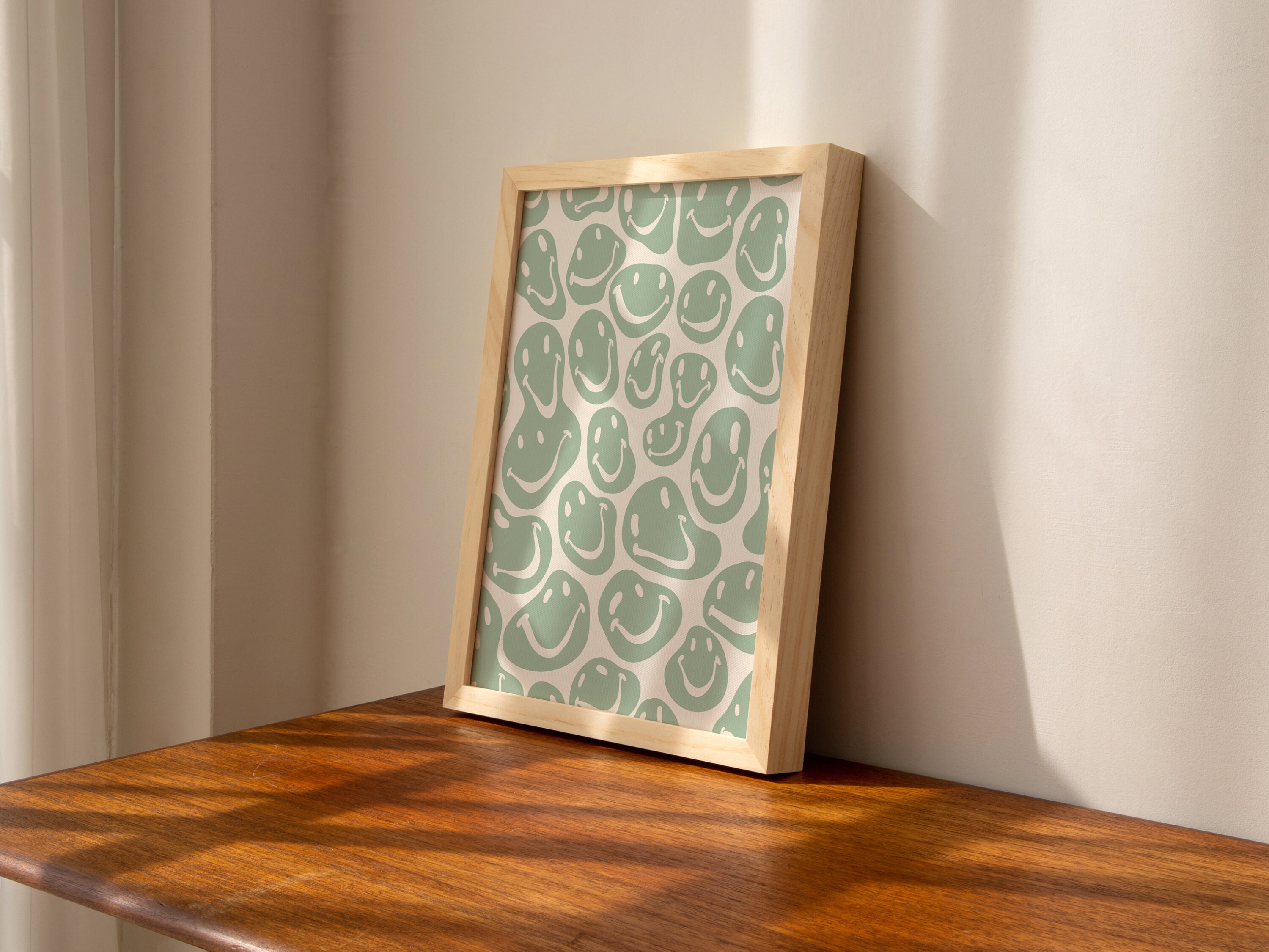 Sage Green Melted Smiley Face Print, Funky Wall Art, Happy Face Print ...