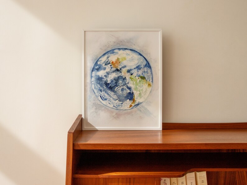 Earth Planet Art Print, Watercolor Painting, Printable Wall Art, Space ...