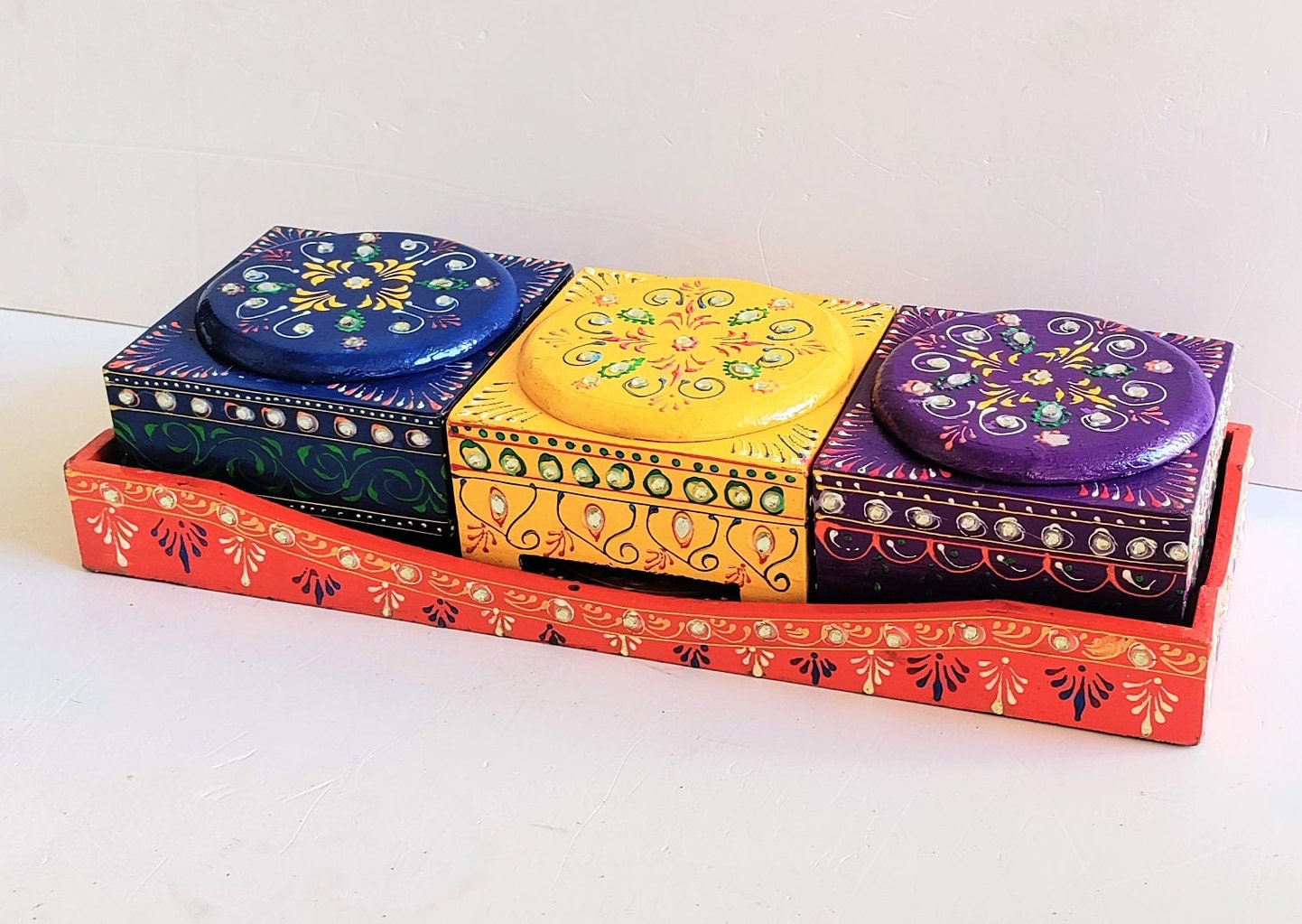 Indian Wooden Tray Set Masala Box Decorative Bowls With Lid - Etsy