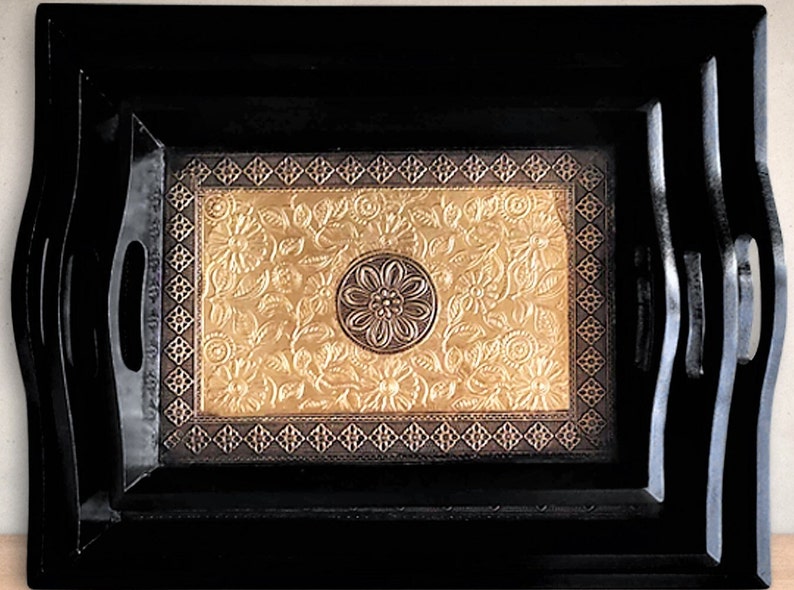 Indian Wooden Tray With Embossed Metalwork Serving Tray - Etsy