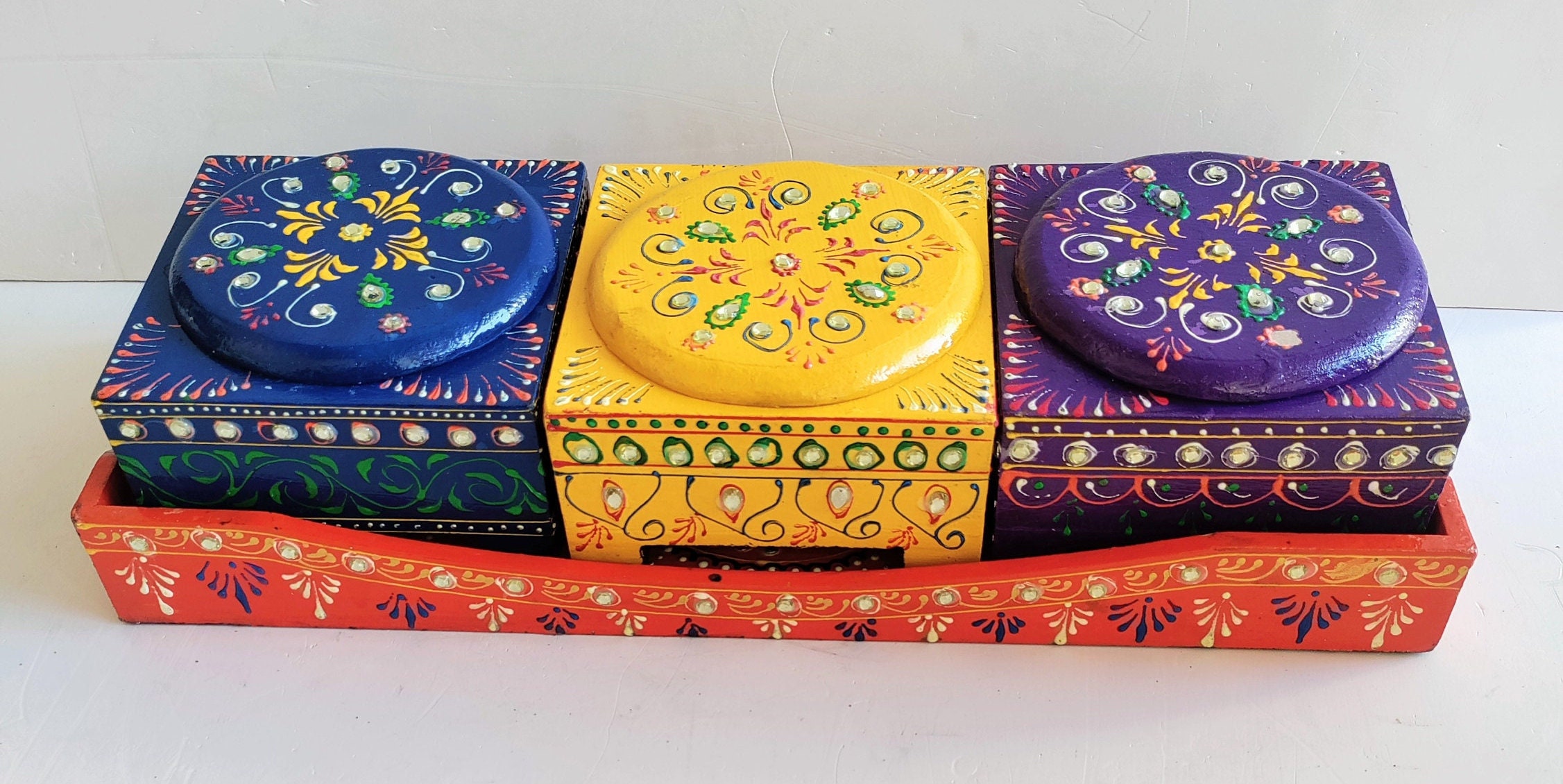 Indian Wooden Tray Set Masala Box Decorative Bowls With Lid - Etsy