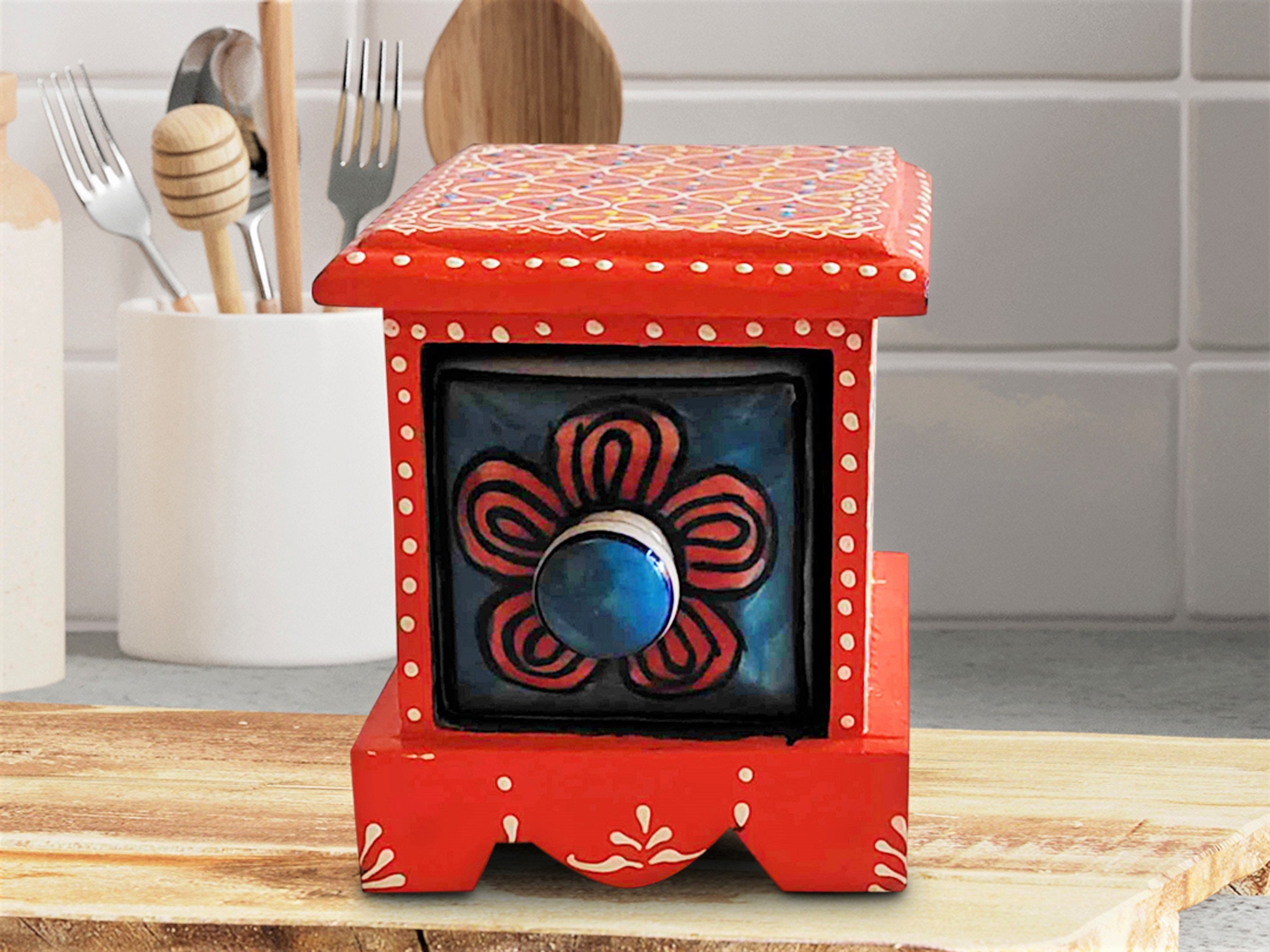 Indian Wooden Spice Box With Ceramic Containers Small Chest - Etsy