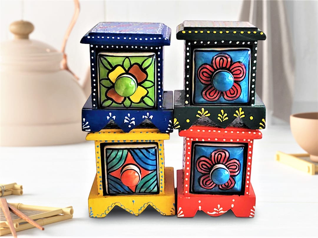 Indian Wooden Spice Box With Ceramic Containers, Small Chest of Drawer ...