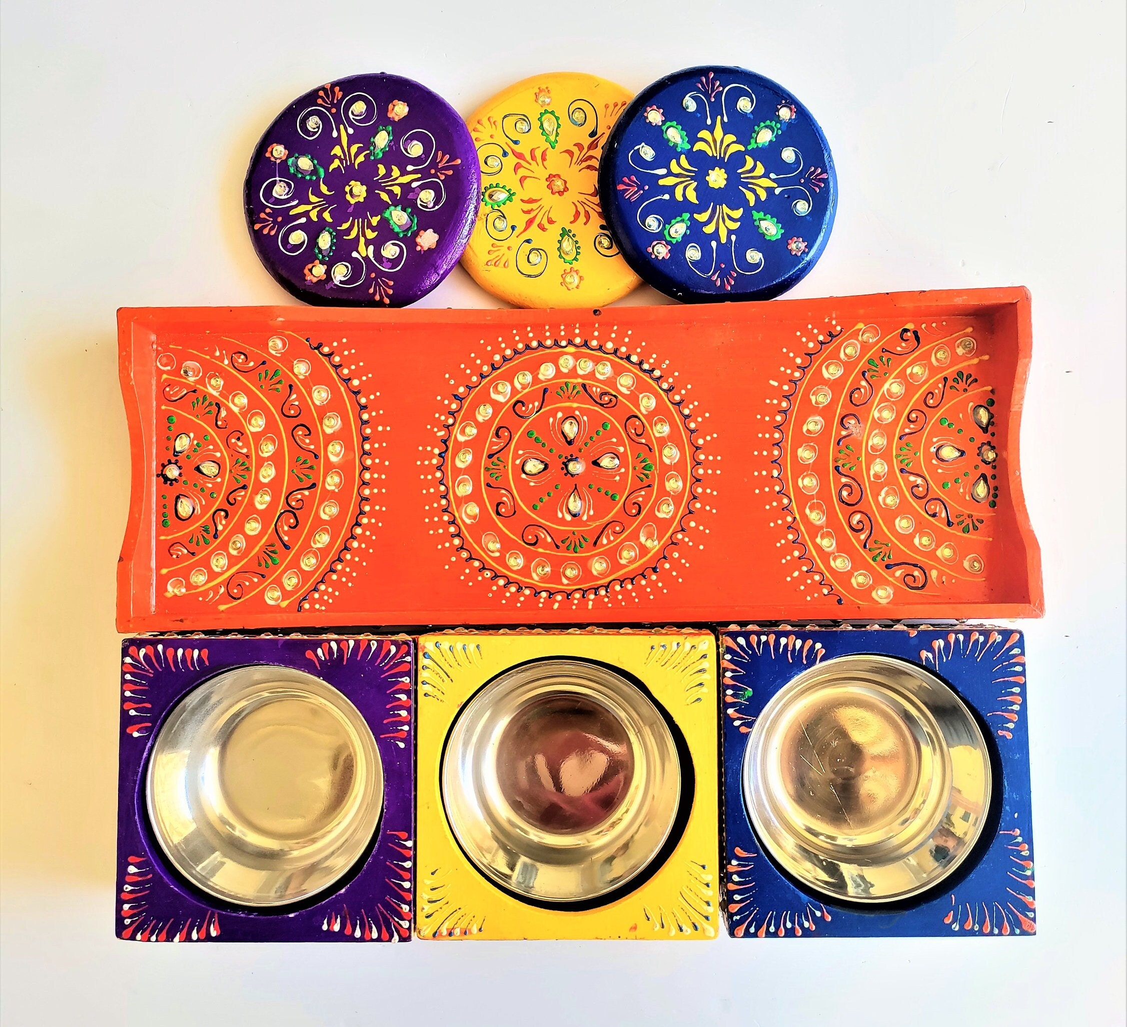 Indian Wooden Tray Set Masala Box Decorative Bowls With Lid - Etsy