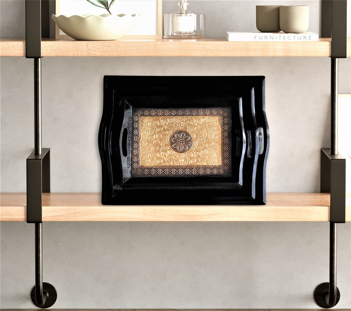 Indian Wooden Tray With Embossed Metalwork Serving Tray - Etsy