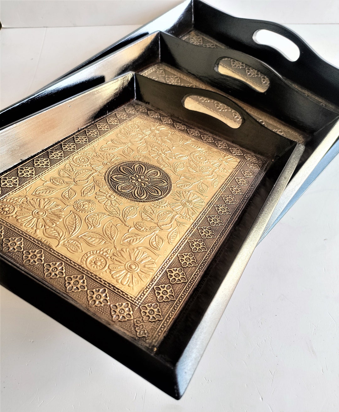 Indian Wooden Tray With Embossed Metalwork, Serving Tray, Wedding Gift ...