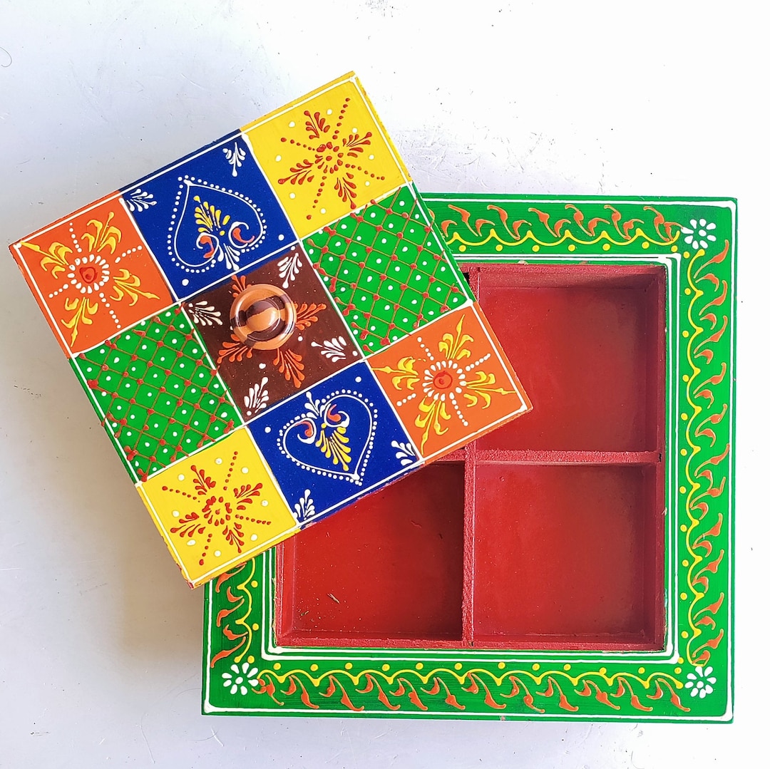 Indian Masala Box Wooden, Handpainted Spices Box for Kitchen - Etsy