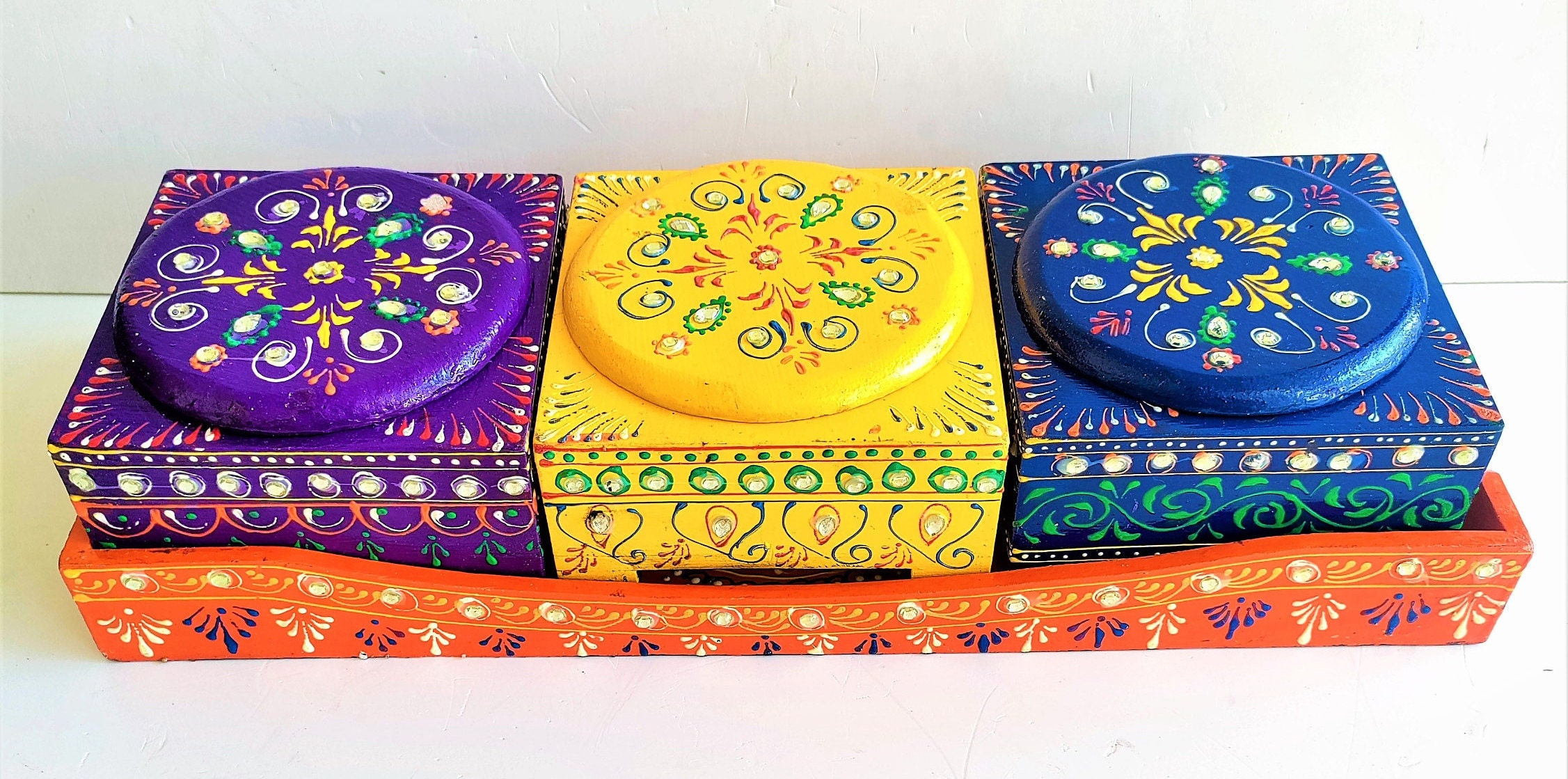 Indian Wooden Tray Set Masala Box Decorative Bowls With Lid - Etsy