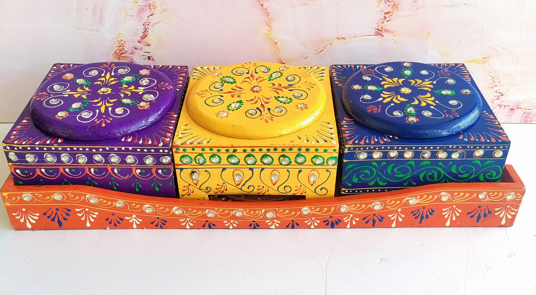 Indian Wooden Tray Set Masala Box Decorative Bowls With Lid - Etsy