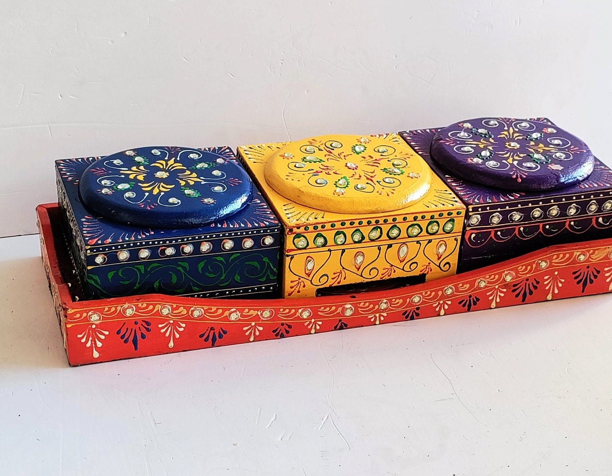 Indian Wooden Tray Set Masala Box Decorative Bowls With Lid - Etsy