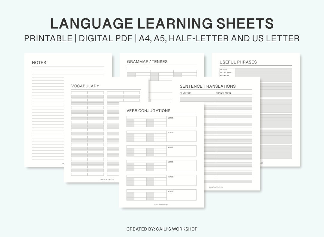 Language Learning Sheets for Spanish, French, Italian, Portuguese ...