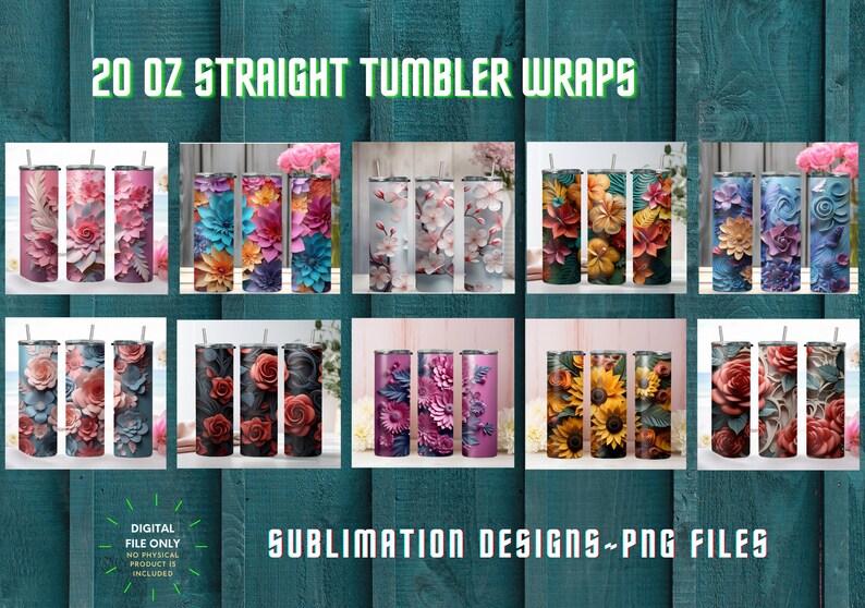 50 3D Floral Tumbler Sublimation Designs | 20oz Straight Tumbler PNG ...